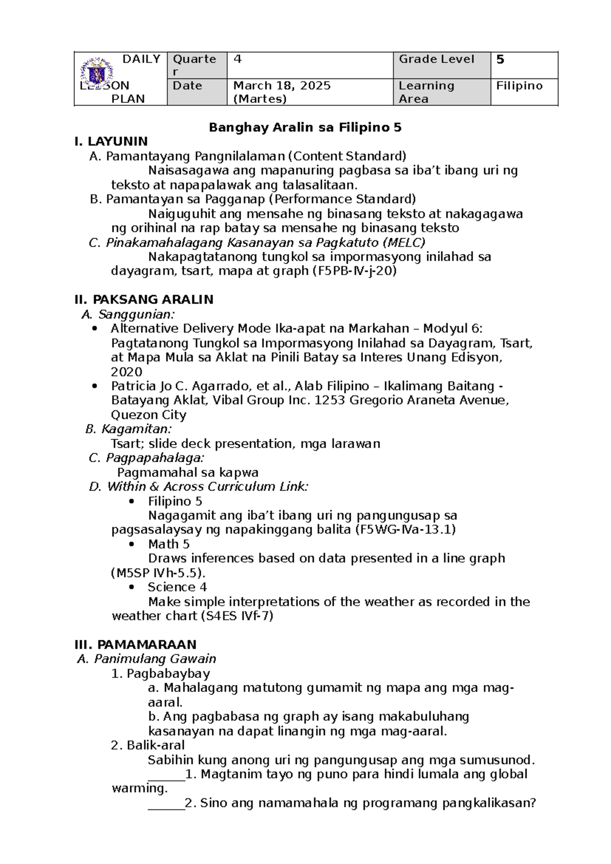 DAILY LESSON PLAN: Filipino 5 for March 18, 2025 - Studocu