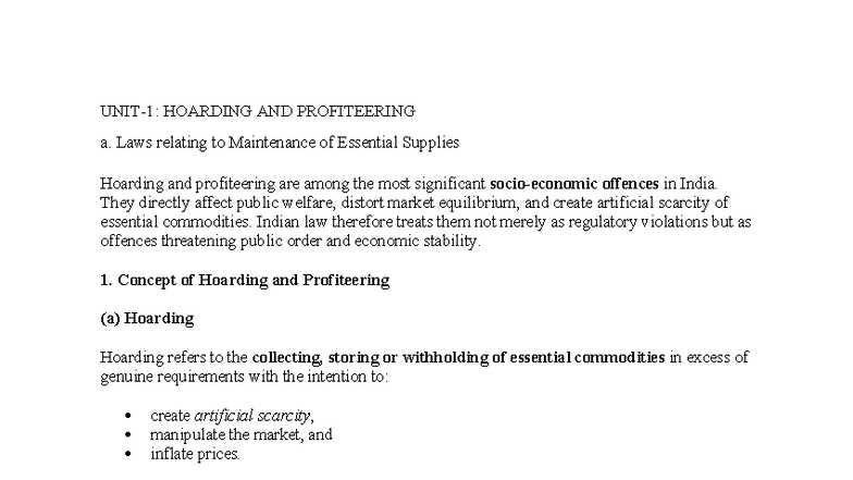 4. SEO - NOTES - UNIT-1: HOARDING AND PROFITEERING a. Laws relating to ...