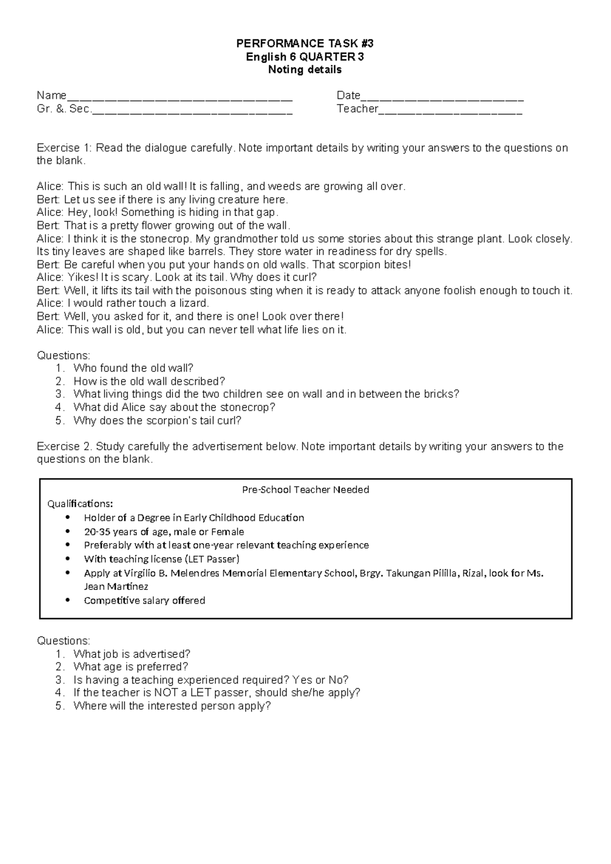 Noting Details Performance Task - English 6 Q3 - Studocu