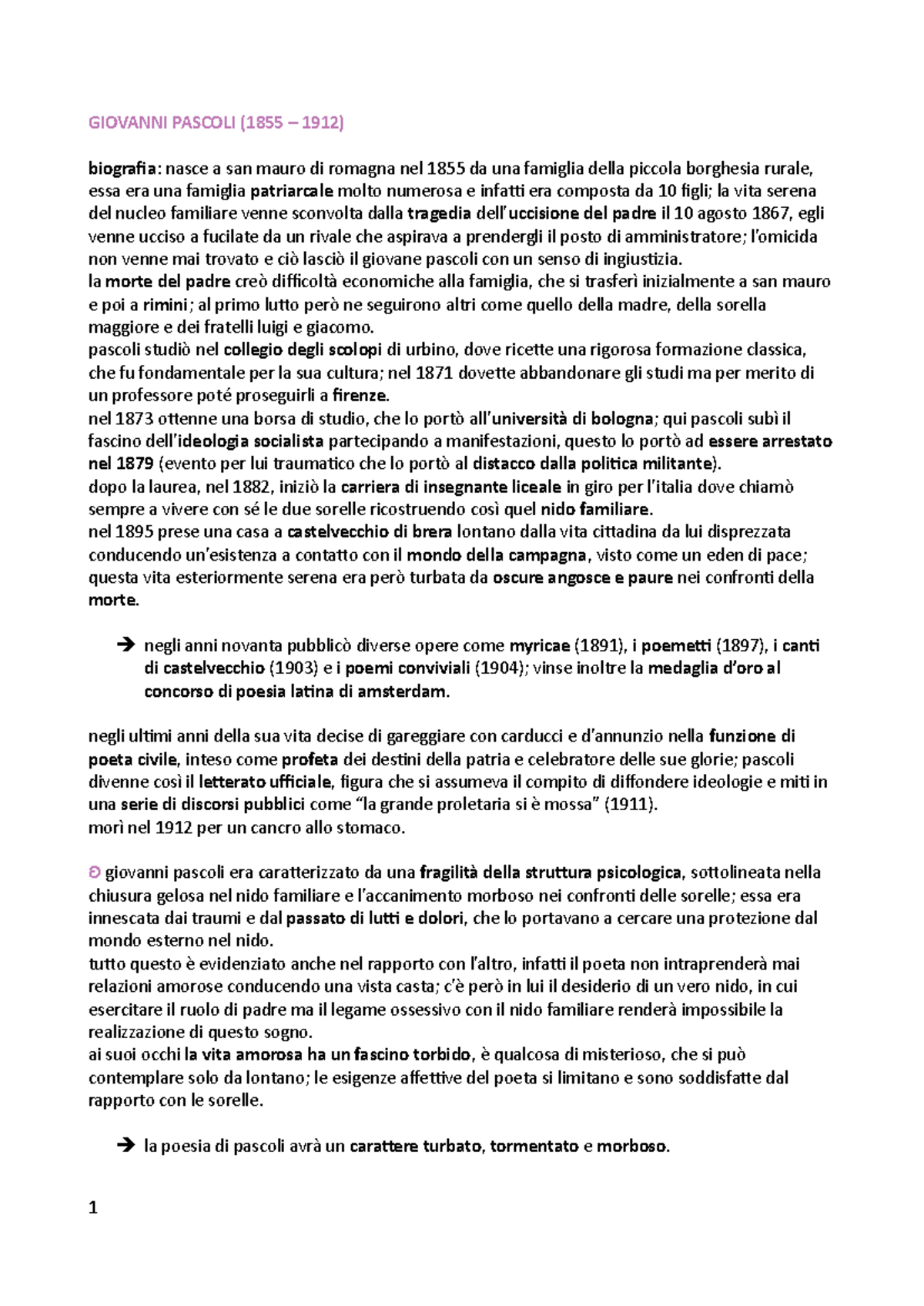 Giovanni Pascoli: Biografia e Poetica (Appunti) - Studocu