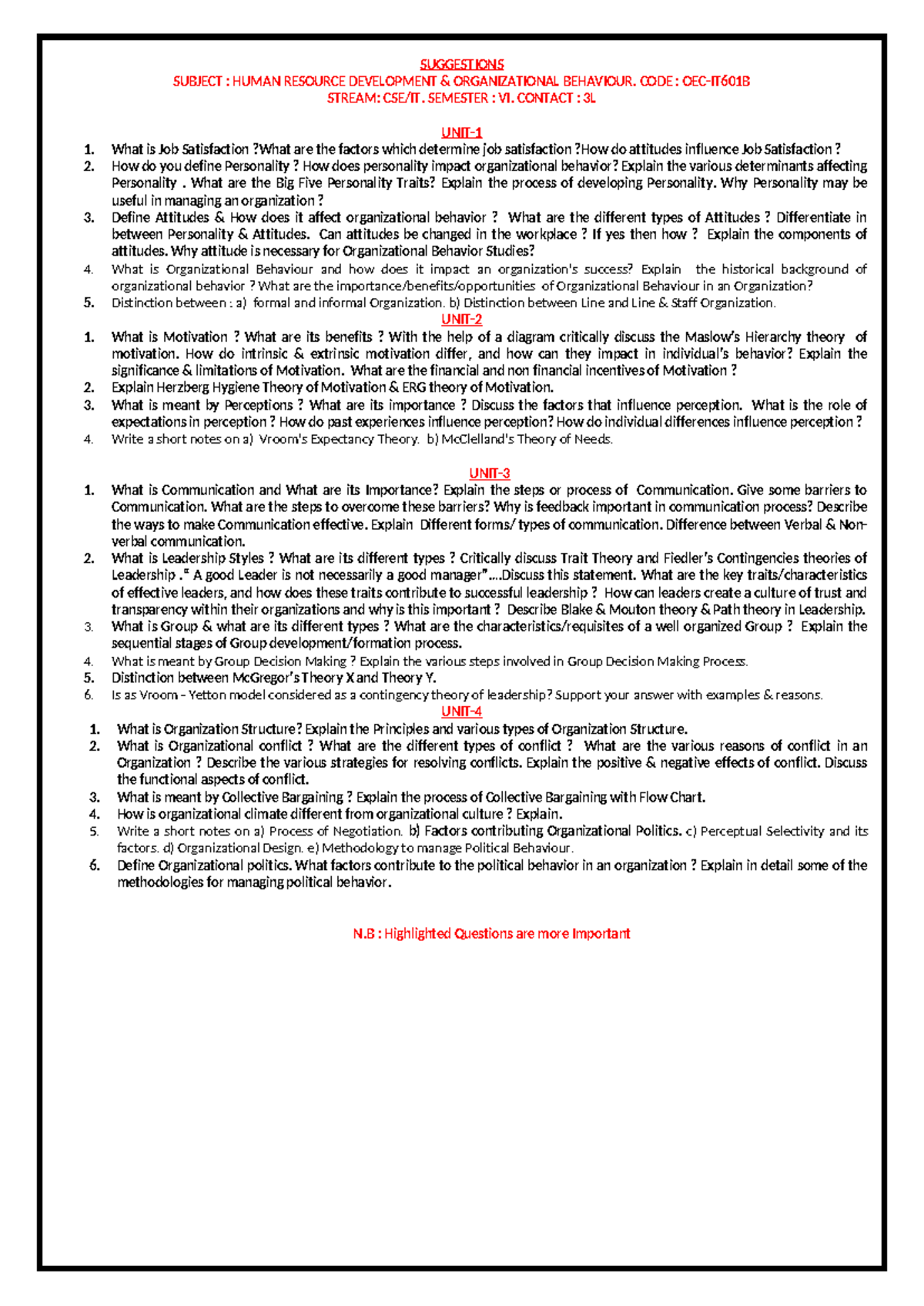 Suggestions for HR Development & Organizational Behavior OEC IT601B ...