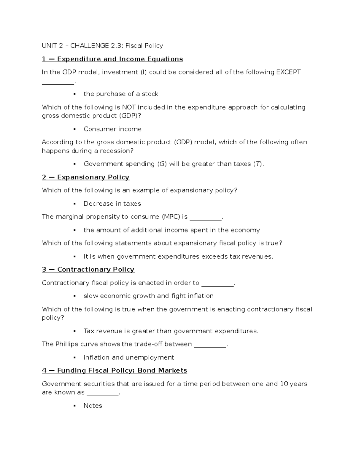 UNIT 2 – Challenge 2.3: Key Concepts in Fiscal Policy - Studocu