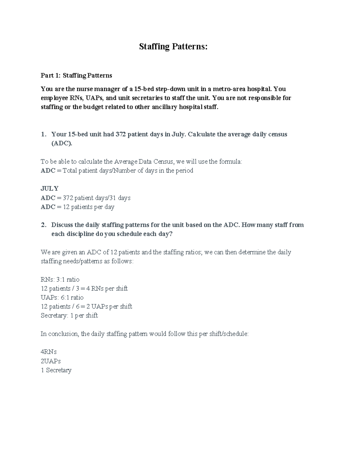 NURS 410 Staffing Patterns Final Exam Analysis and Recommendations ...