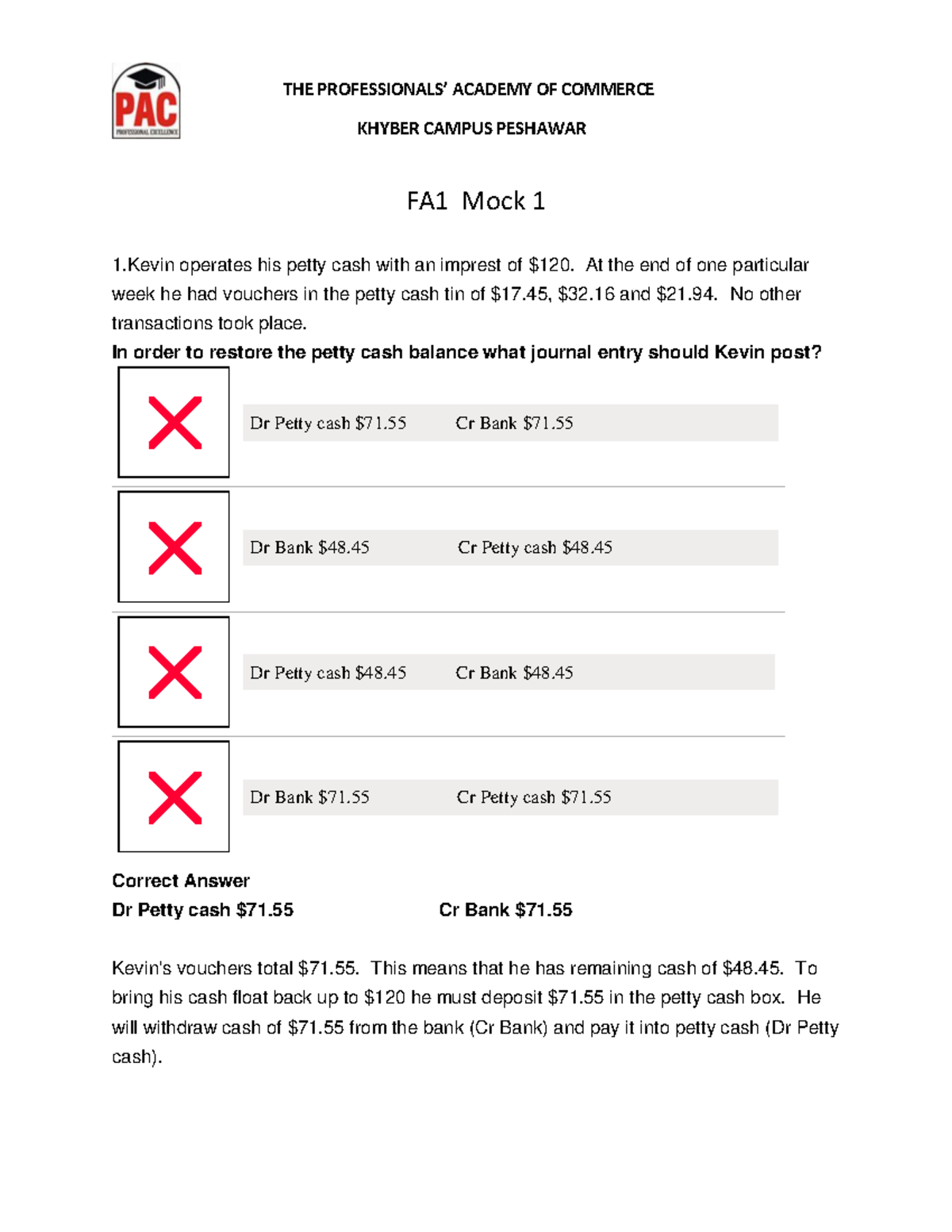 FA1 Mock Exam 1: Accounting Principles & Journal Entries - Studocu
