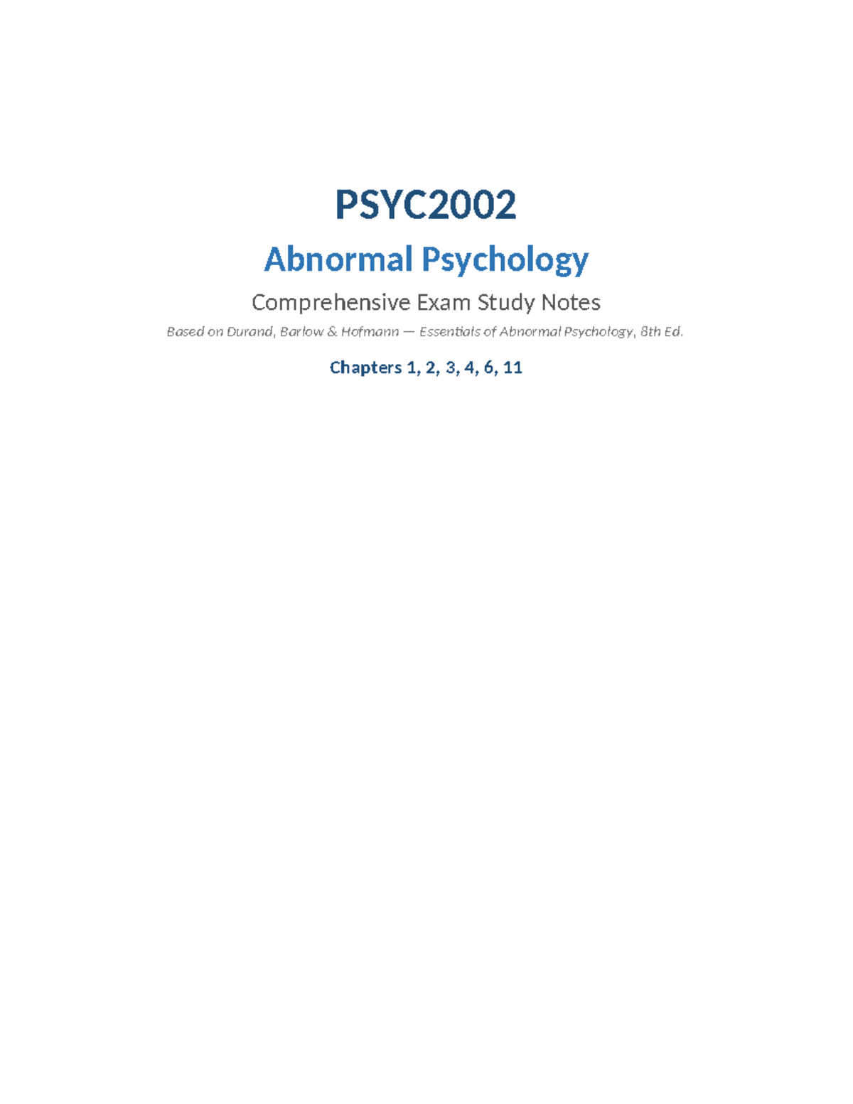 PSYC2002 Abnormal Psychology Comprehensive Exam Study Notes - Studocu