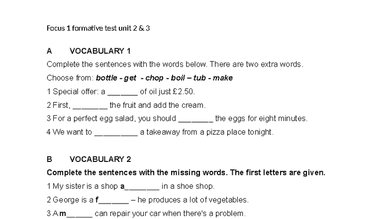 Focus 1 Formative Test: Units 2 & 3 Vocabulary & Grammar - Studeersnel