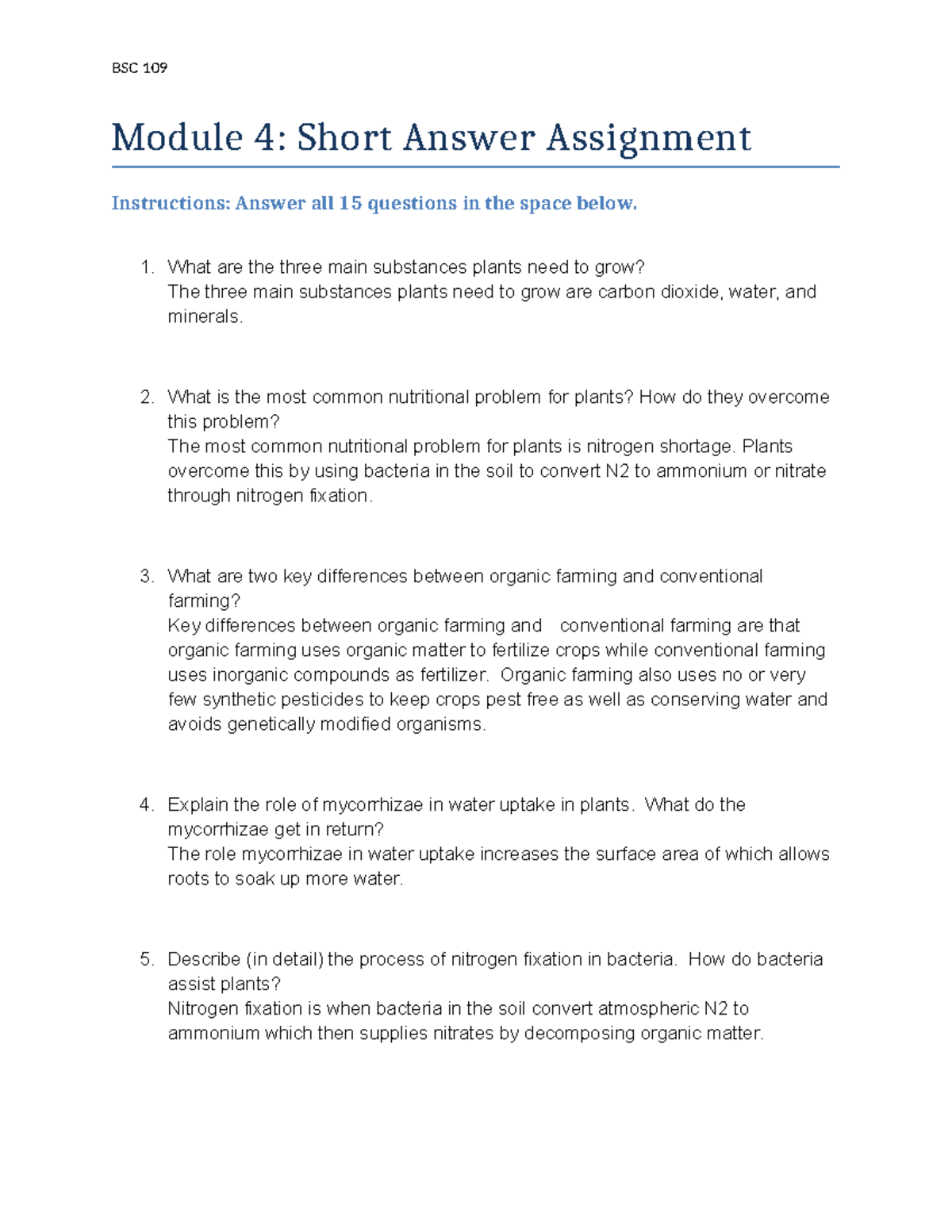 BSC 109 Module 4: Detailed Short Answer Assignment Guide - Studocu