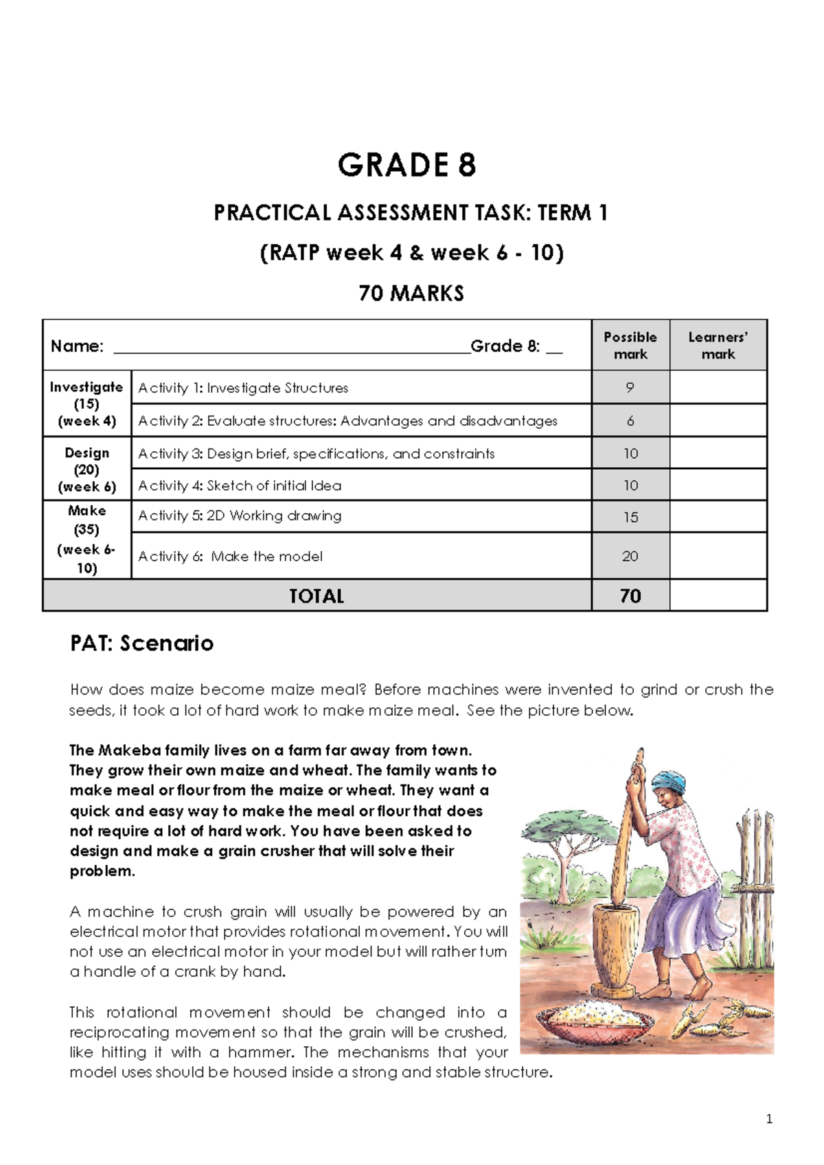 Technology-PAT - pAt - GRADE 8 PRACTICAL ASSESSMENT TASK: TERM 1 (RATP week 4 & week 6 - 10) 70 ...