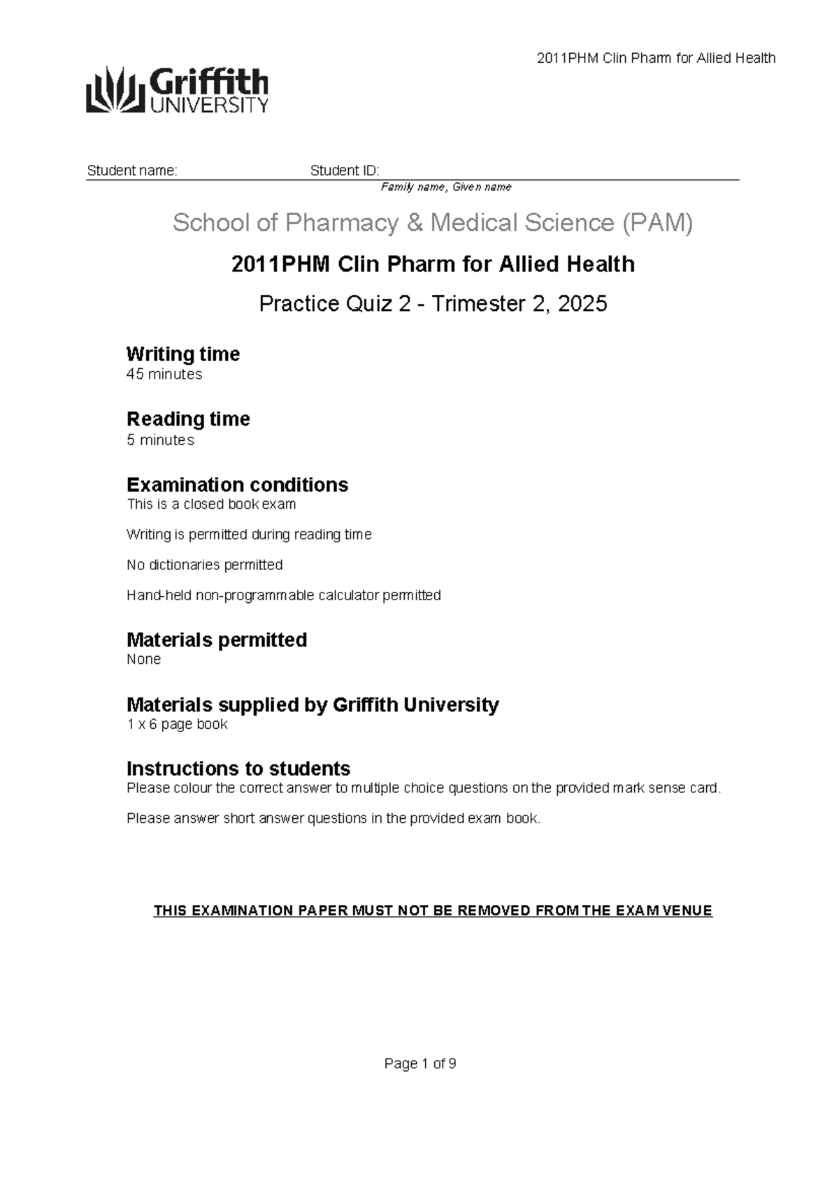 2011PHM Clin Pharm for Allied Health Practice Quiz 2 - Trimester 2 ...