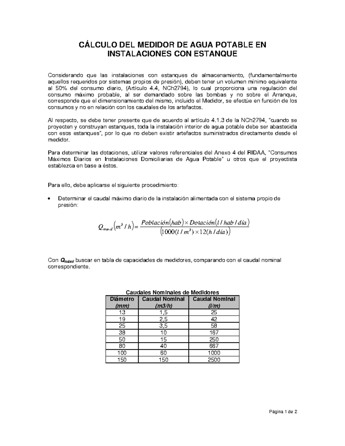 Cálculo del MAP en instalaciones con estanque - Página 1 de 2 CÁLCULO DEL MEDIDOR DE AGUA ...