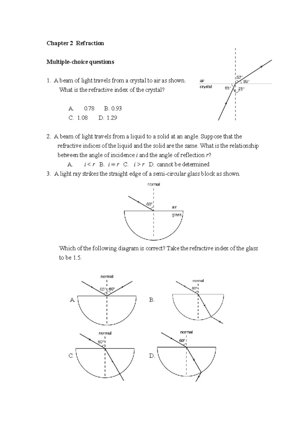 Refraction Exercise: Chapter 2 Questions & Structured Problems - Studocu