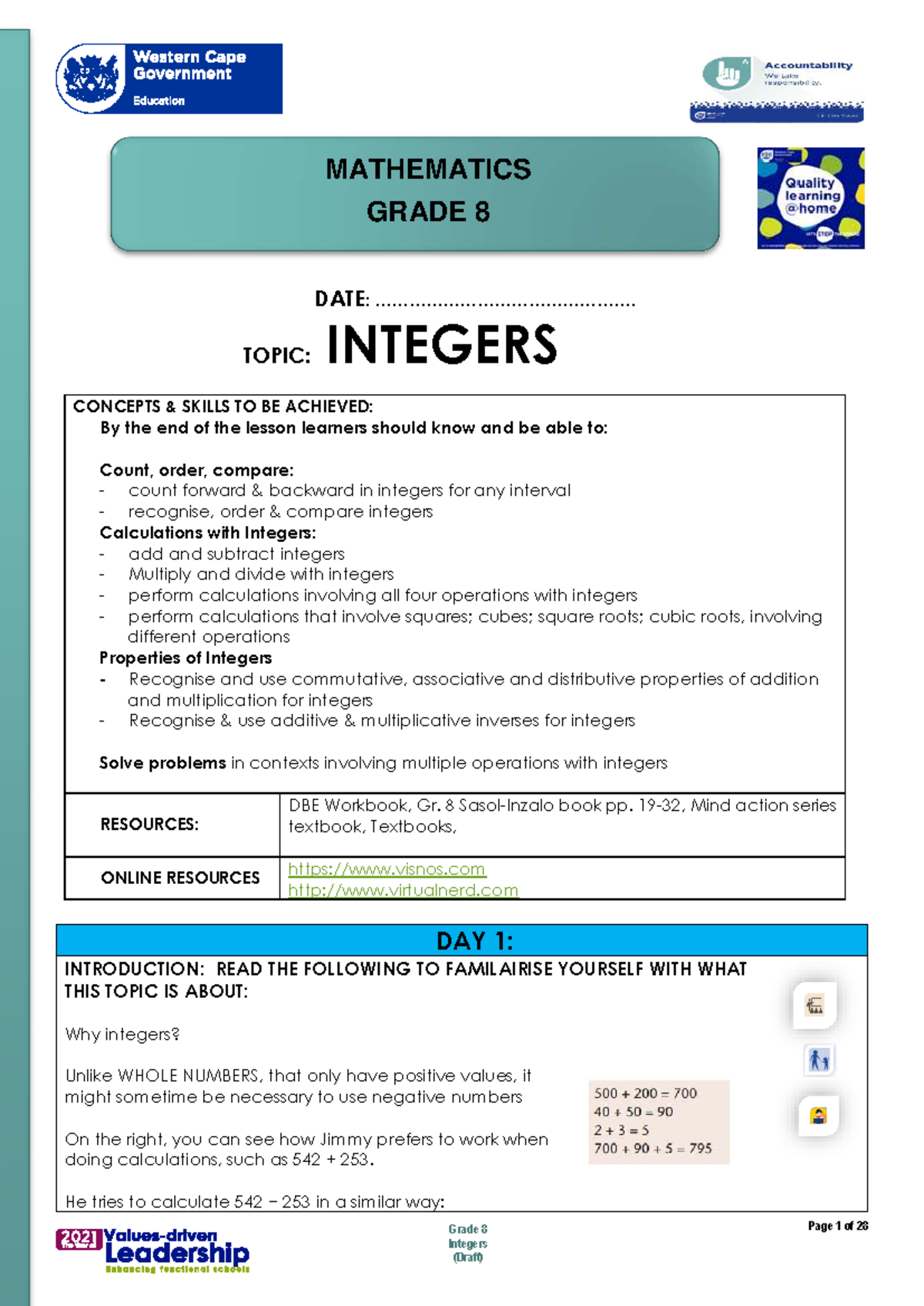 Grade 8 Mathematics: Understanding Integers Concepts and Operations ...