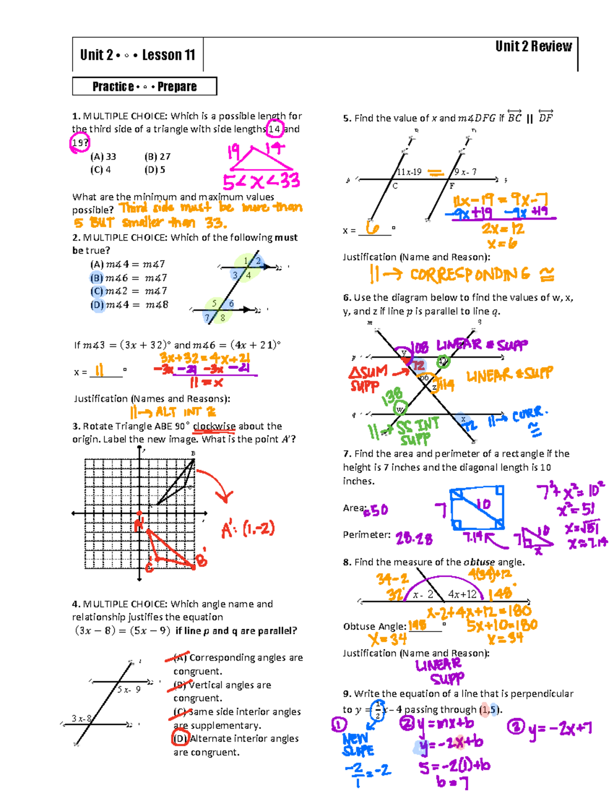 Unit 2 Review: Geometry Concepts & Angle Relationships Practice - Studocu