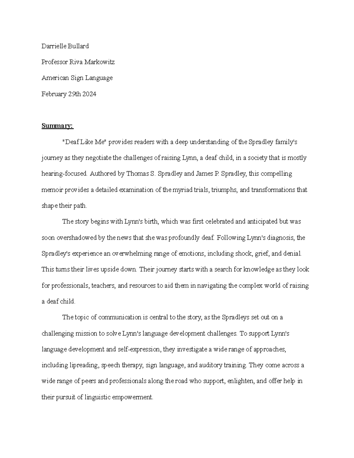 Deaf Like Me (ASL 101) - A Comprehensive Book Report - Studocu