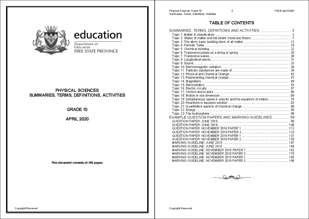 Physical Sciences Gr 10: Summaries, Terms, Definitions & Activities ...