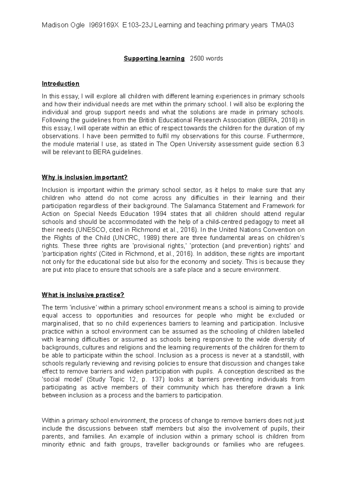 E103 TMA03: Exploring Inclusion and Support in Primary Education - Studocu
