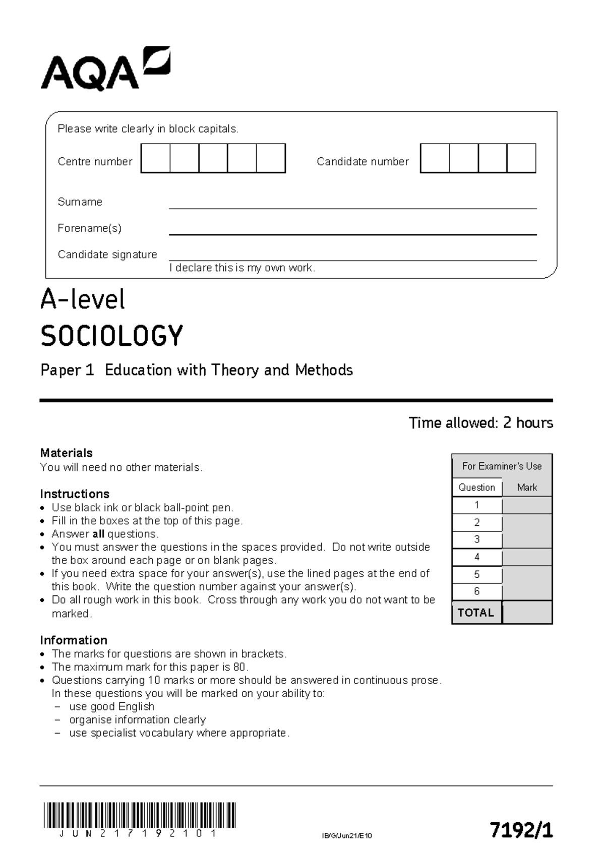 SOCIOLOGY Paper 1: Education & Theory Methods Exam Guide - Studocu