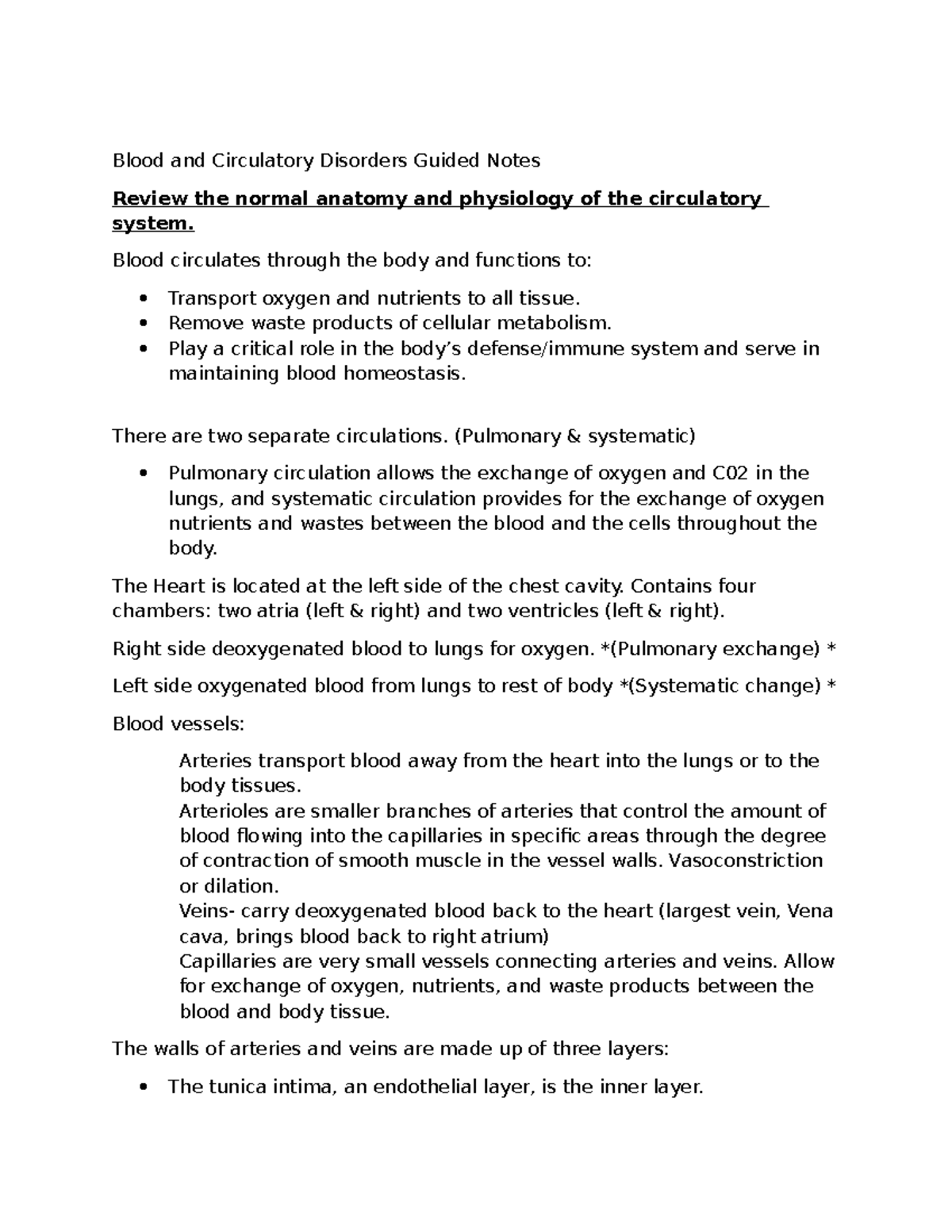 Guided Notes on Blood and Circulatory System - Concepts Overview - Studocu