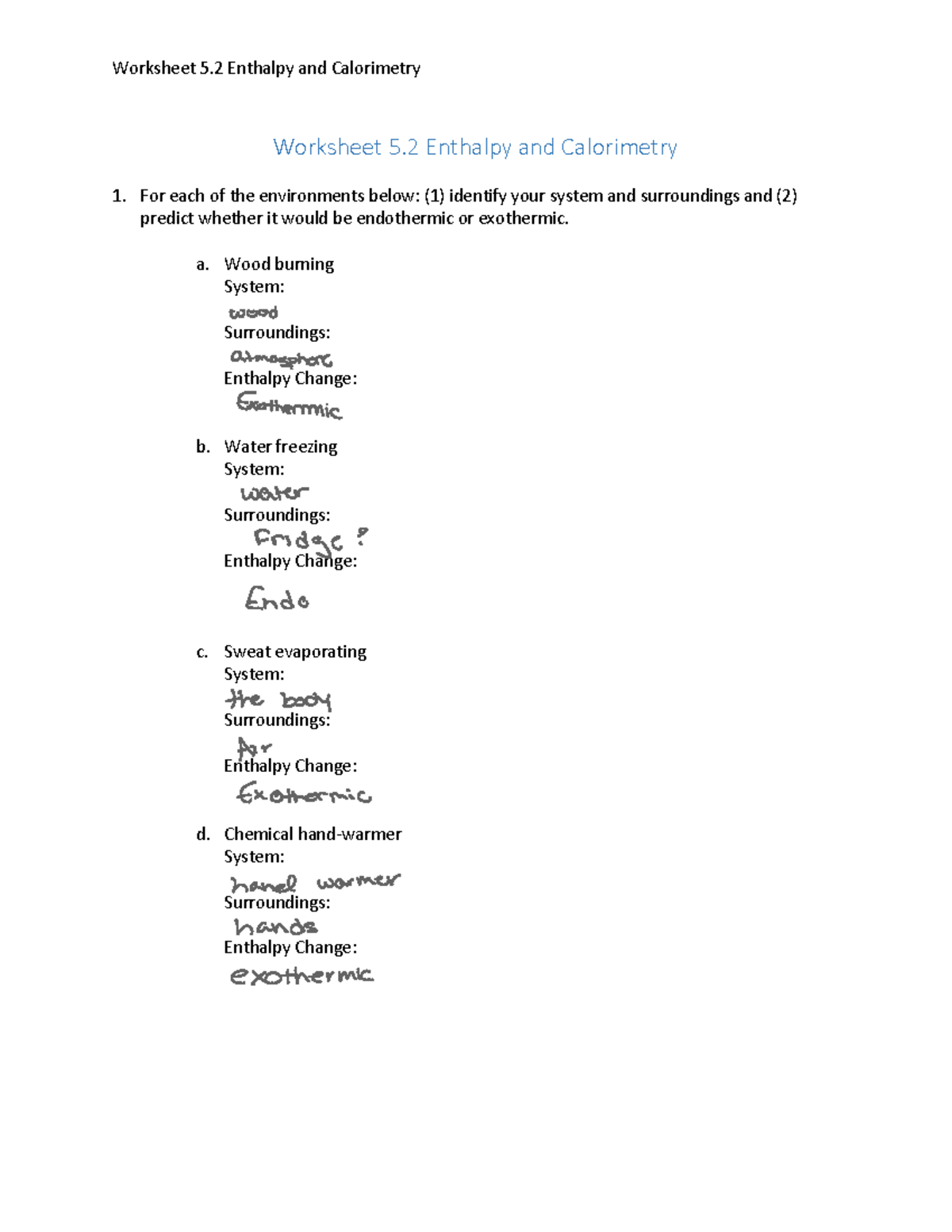 Worksheet 5.2: Enthalpy and Calorimetry Concepts and Exercises - Studocu