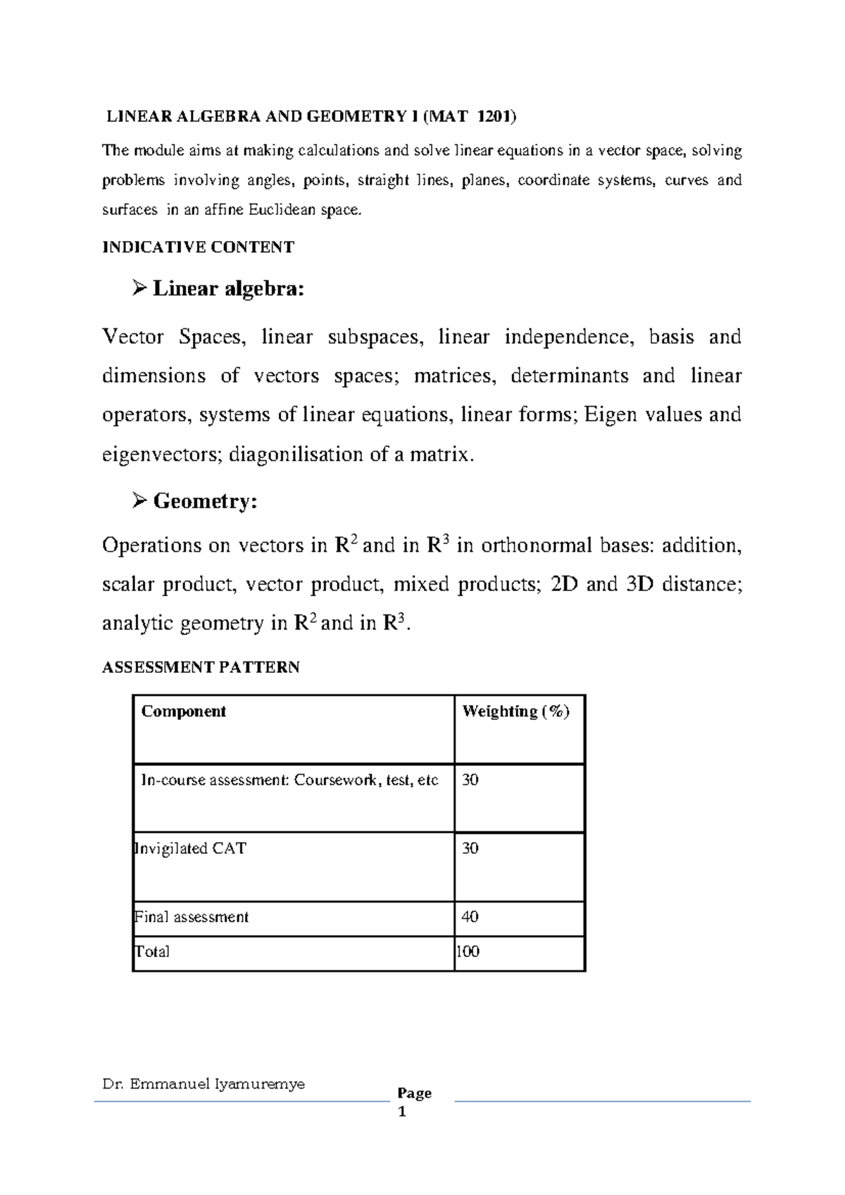 Linear Algebra AND Geometry I Notes 2025 - ####### Dr. Emmanuel ...