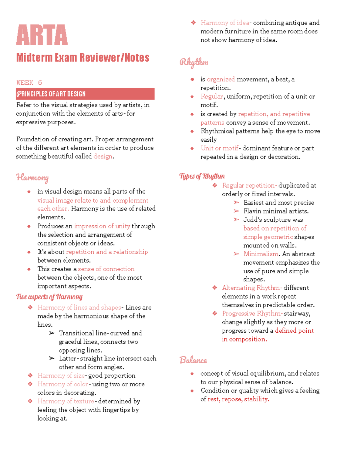 ARTA Notes - ARTA Midterm Exam Reviewer/Notes WEEK 6 PRINCIPLES OF ART ...