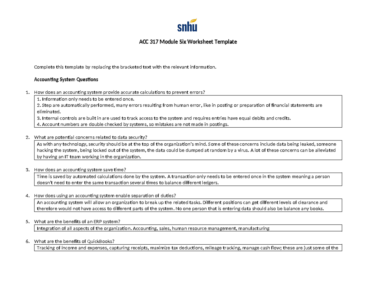 ACC 317 Module 6 Worksheet: Accounting Systems & Variance Analysis ...