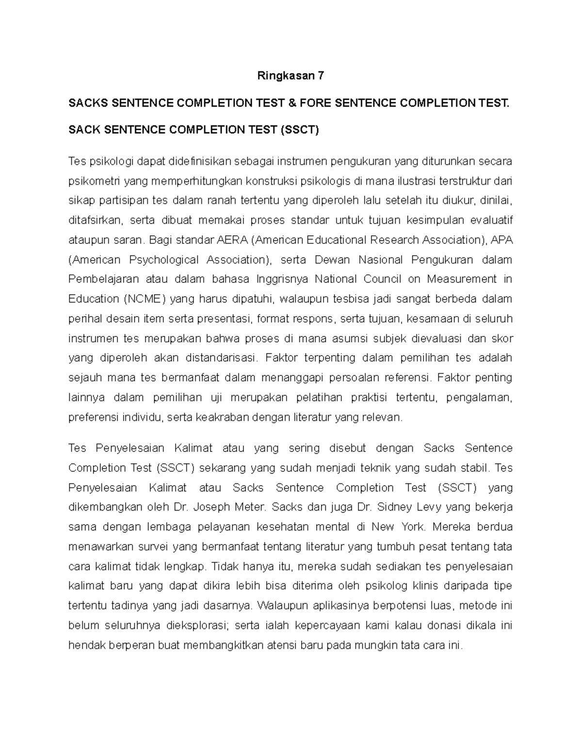 Ringkasan 7: Sacks & Forer Sentence Completion Tests in Psychology ...