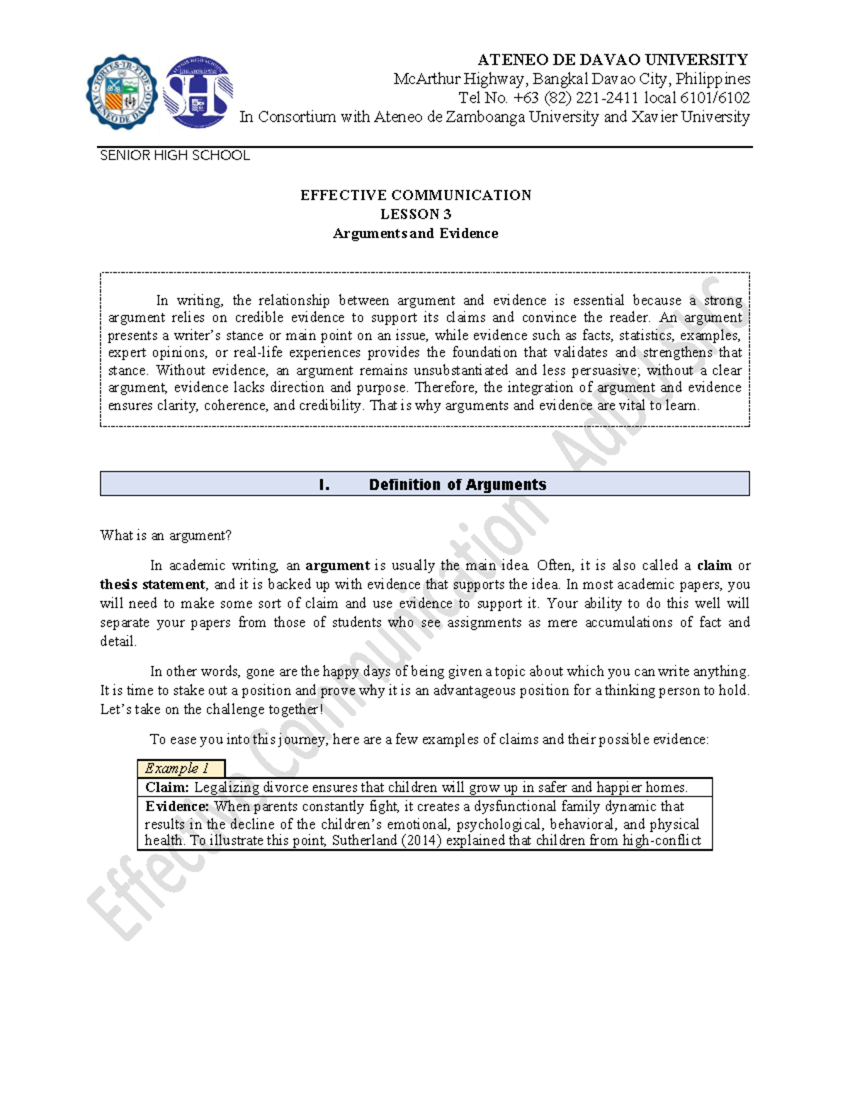 ATENEO DE DAVAO UNIVERSITY SENIOR HIGH SCHOOL Effective Communication ...