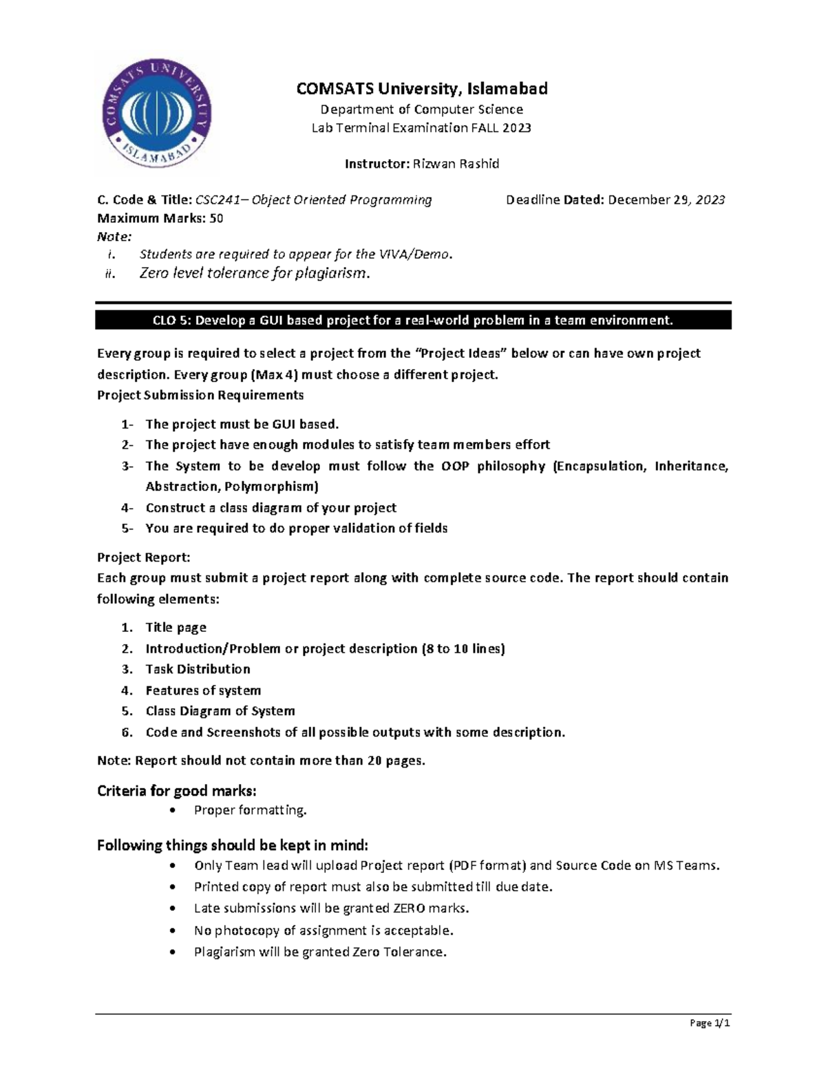 Final Exam - Lab (FA23) - CSC 241 OOP Project Guidelines - Studocu