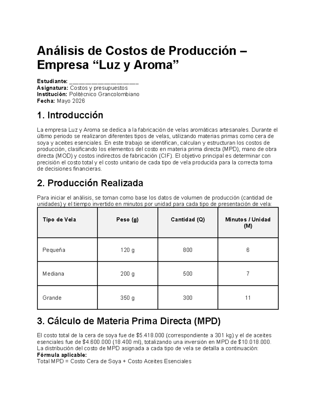Análisis de Costos de Producción de Velas - Costos y Presupuestos - Studocu
