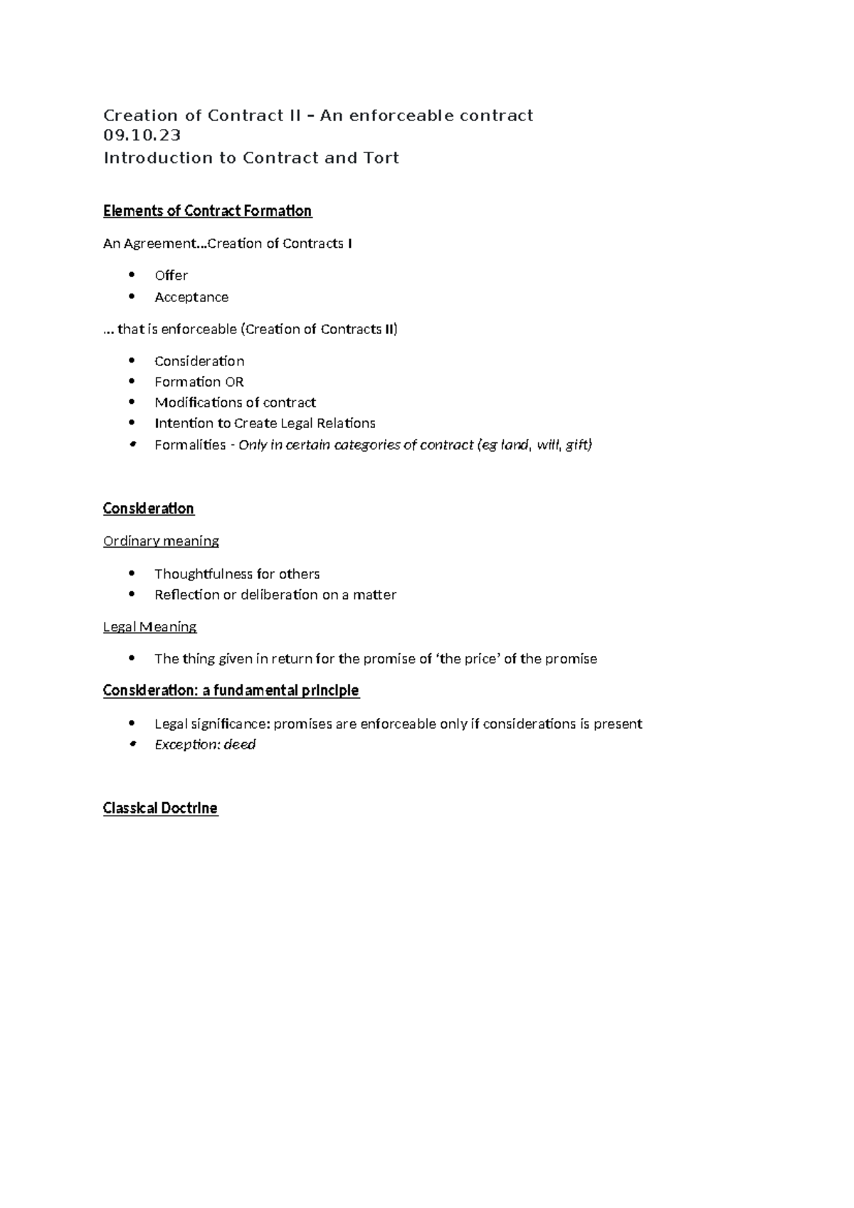 Creation of Contract II: Enforceable Contracts & Key Elements - Studocu