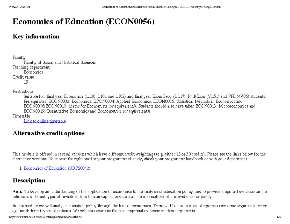 Economics of Education (ECON0056) UCL Module Overview and Details - Studocu