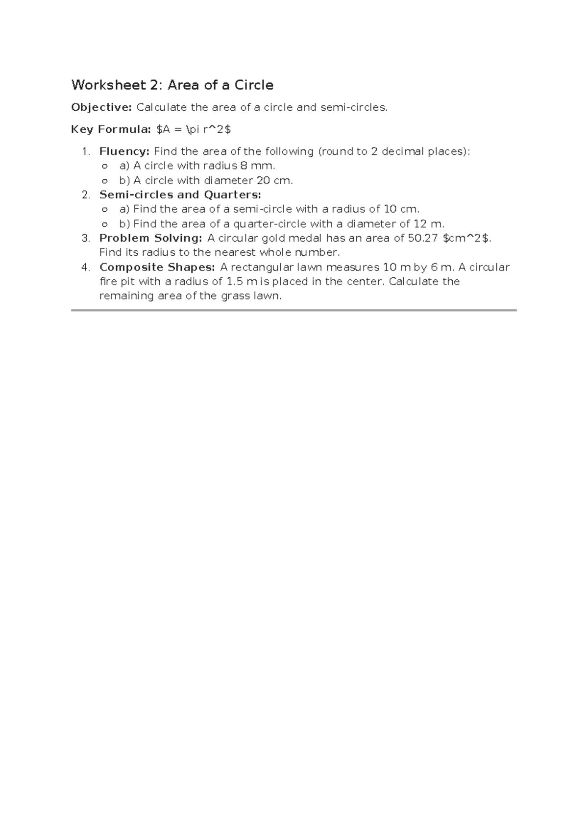 Worksheet 2: Area of a Circle Calculations and Problem Solving - Studocu