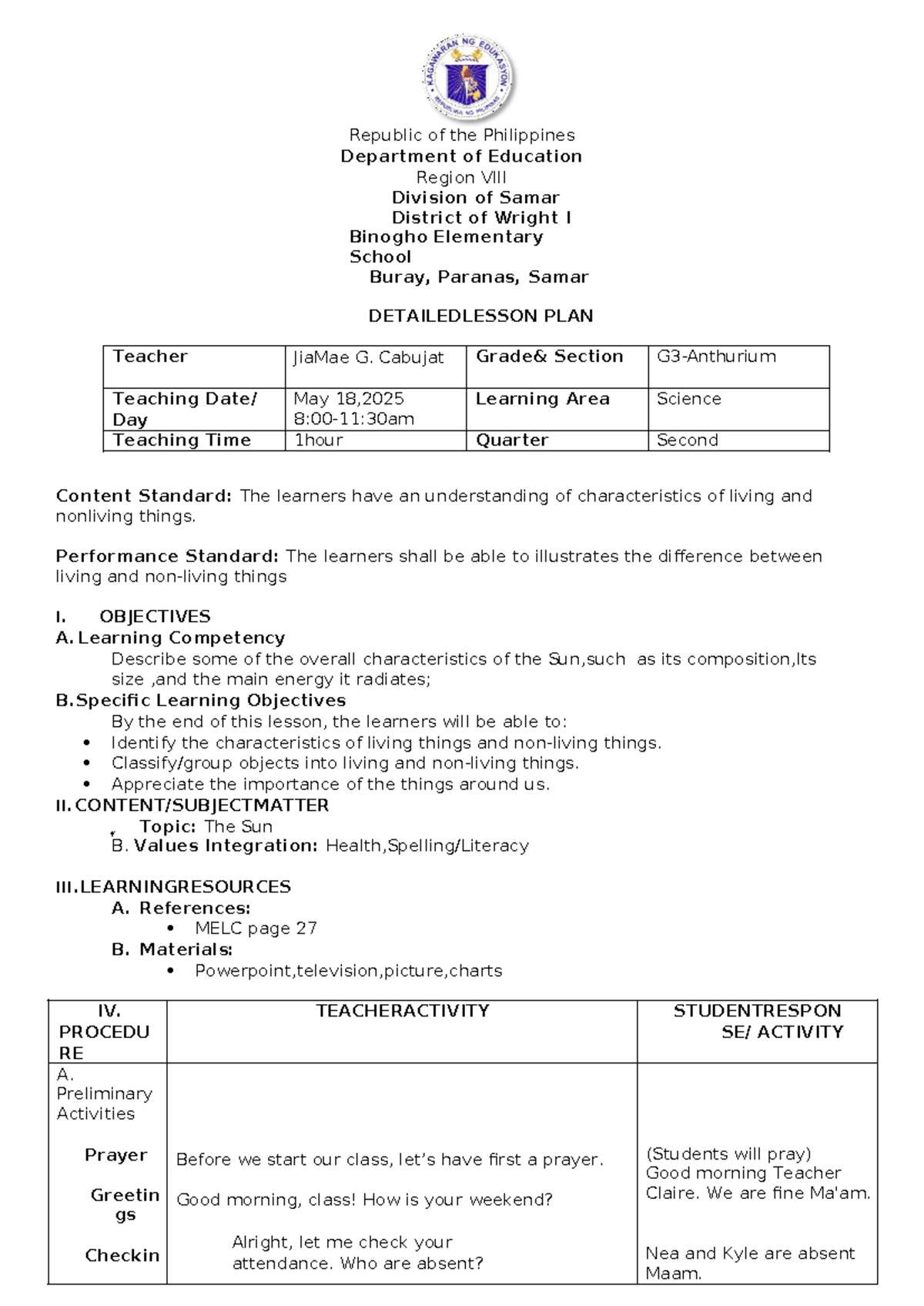 AGIE Science Lesson Plan: Understanding Living vs. Non-Living Things ...