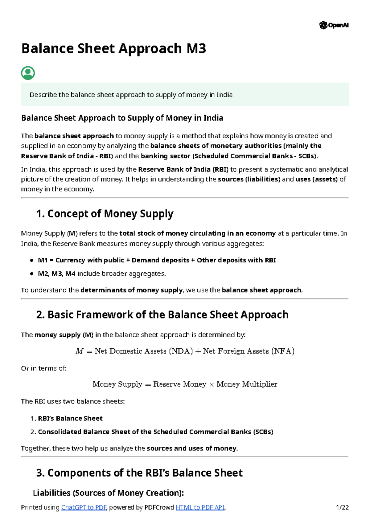 Balance sheet approach to money supply in India (M3) - Studocu