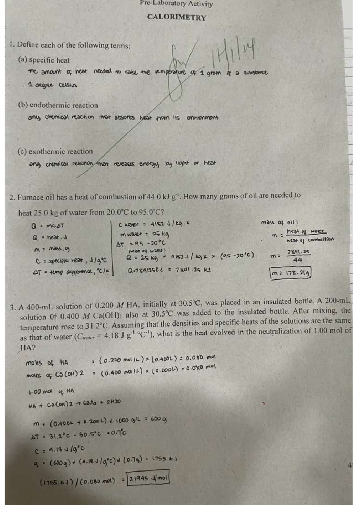 Pre-Laboratory Activity = Calorimetry - Activity CALORIMETRY 1. Define ...