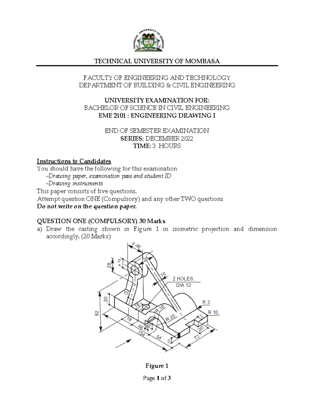 EME 2101 Engineering Drawing I End of Semester Exam Paper 1 - Studocu