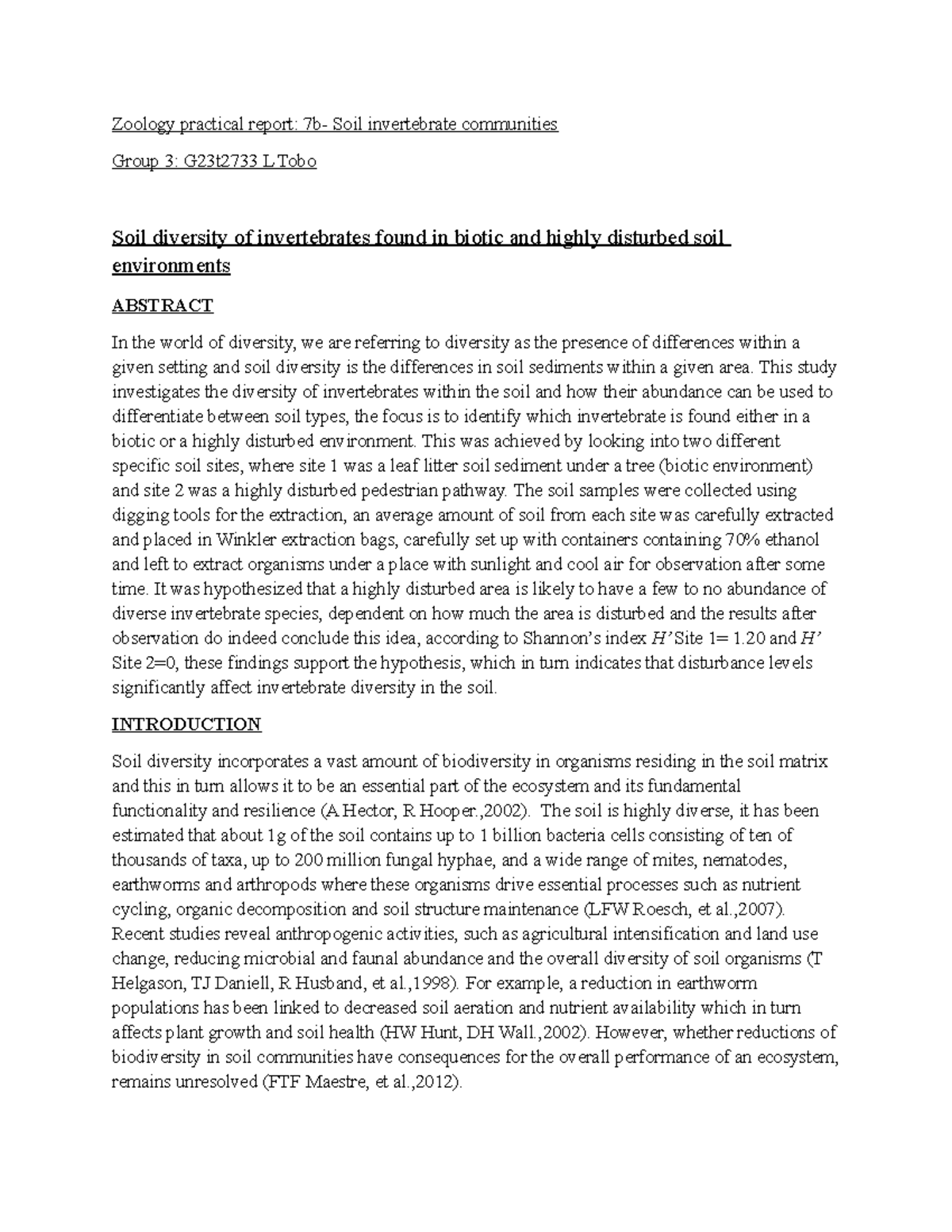 Zoology Practical Report: Soil Invertebrate Diversity in G23t2733 - Studocu