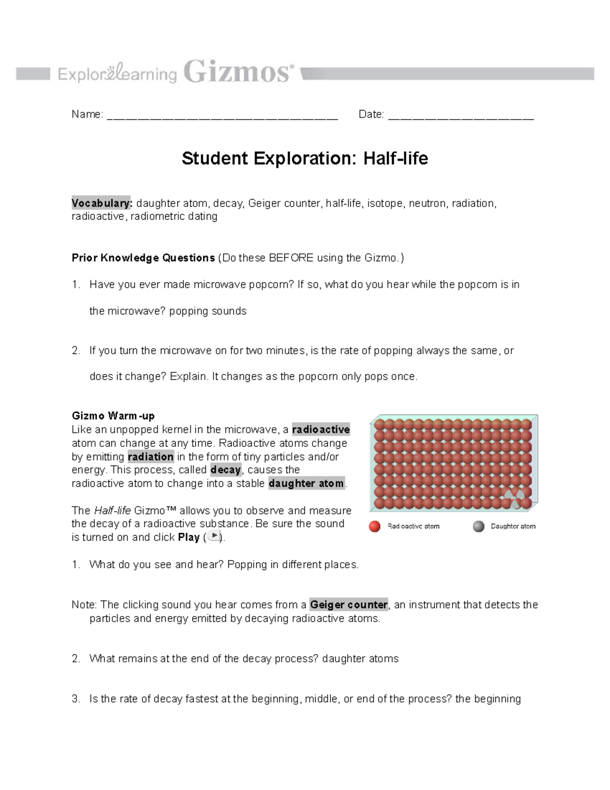 Half-life and Radioactivity Exploration Lab Activity - Studocu