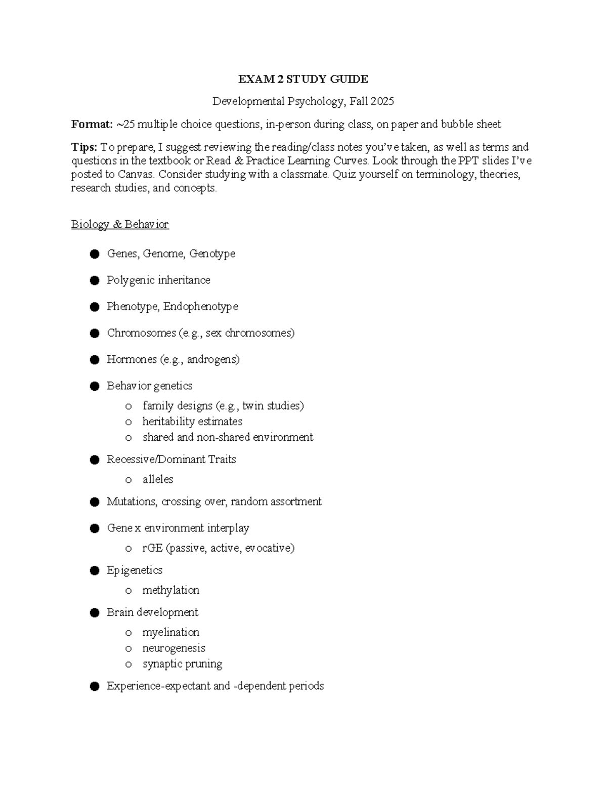 Developmental Psychology Exam 2 Study Guide (Fall 2025) - Studocu