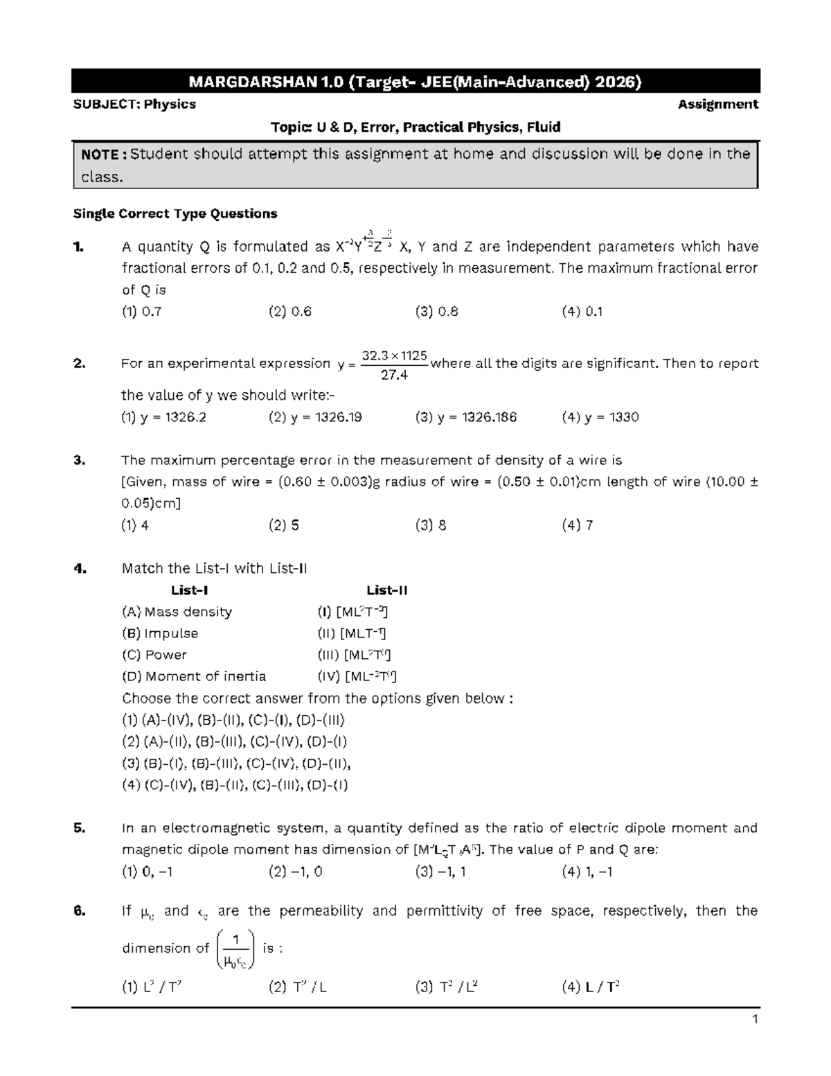 Physics Assignment: U D, Error, Practical Physics, Fluid (Target JEE ...