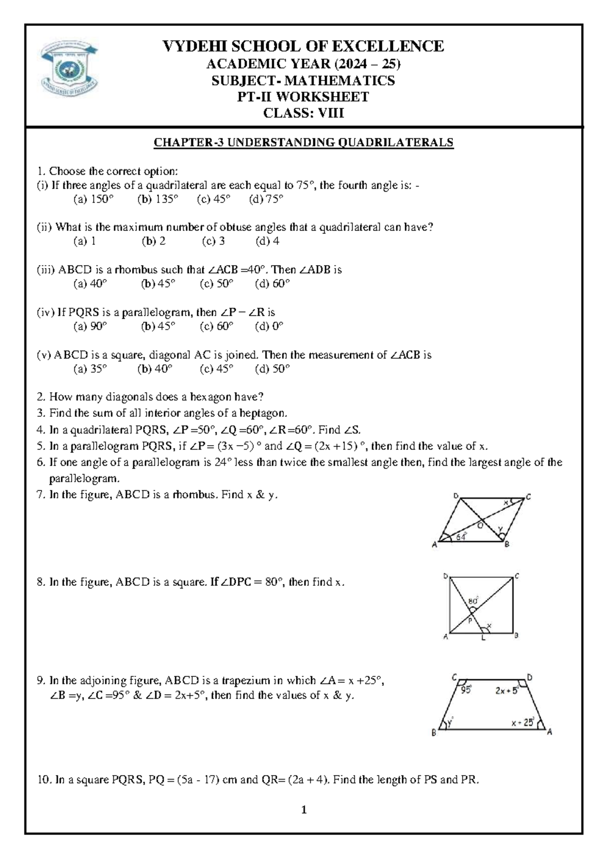 Grade 8 Mathematics PT-2 Worksheet: Understanding Quadrilaterals and ...