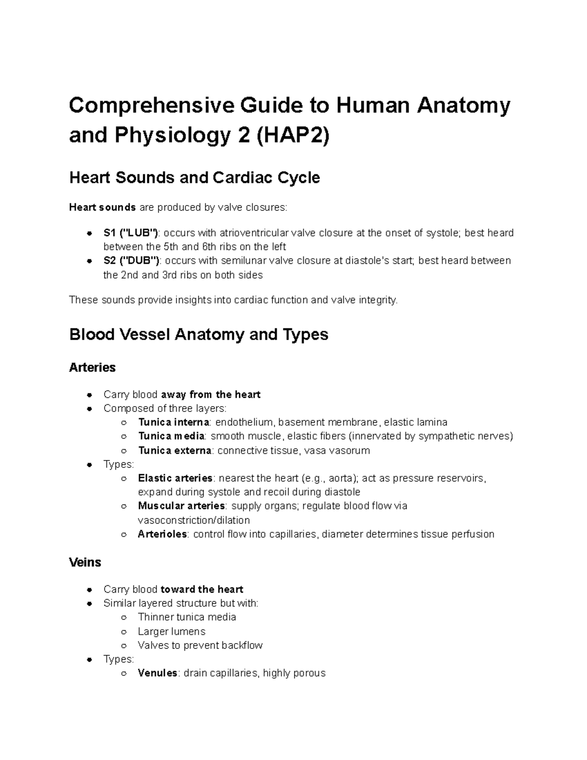 HAP2 Final Exam Notes: Heart Sounds, Circulation, and Anatomy - Studocu