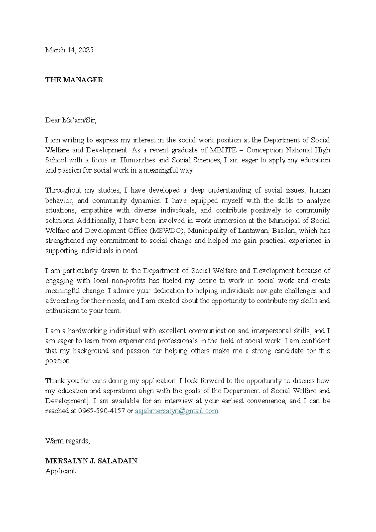 Application Letter for Social Work Position - MBHTE - Studocu