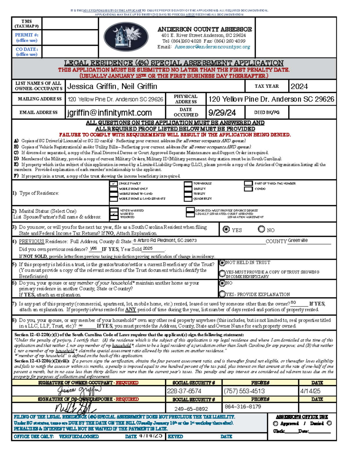 Anderson County Legal Residence Special Assessment Application TMS - Studocu