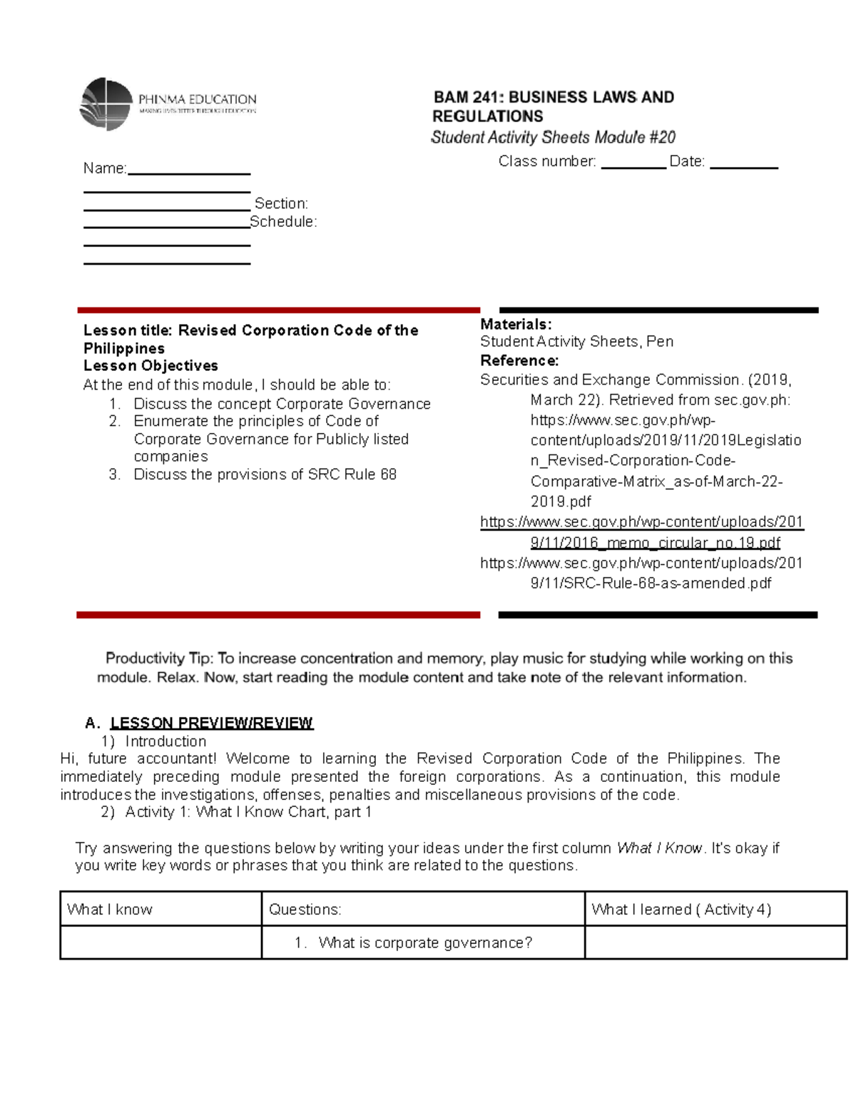 BAM241 SAS 20 - Final Exam Notes on Revised Corp. Code of the ...