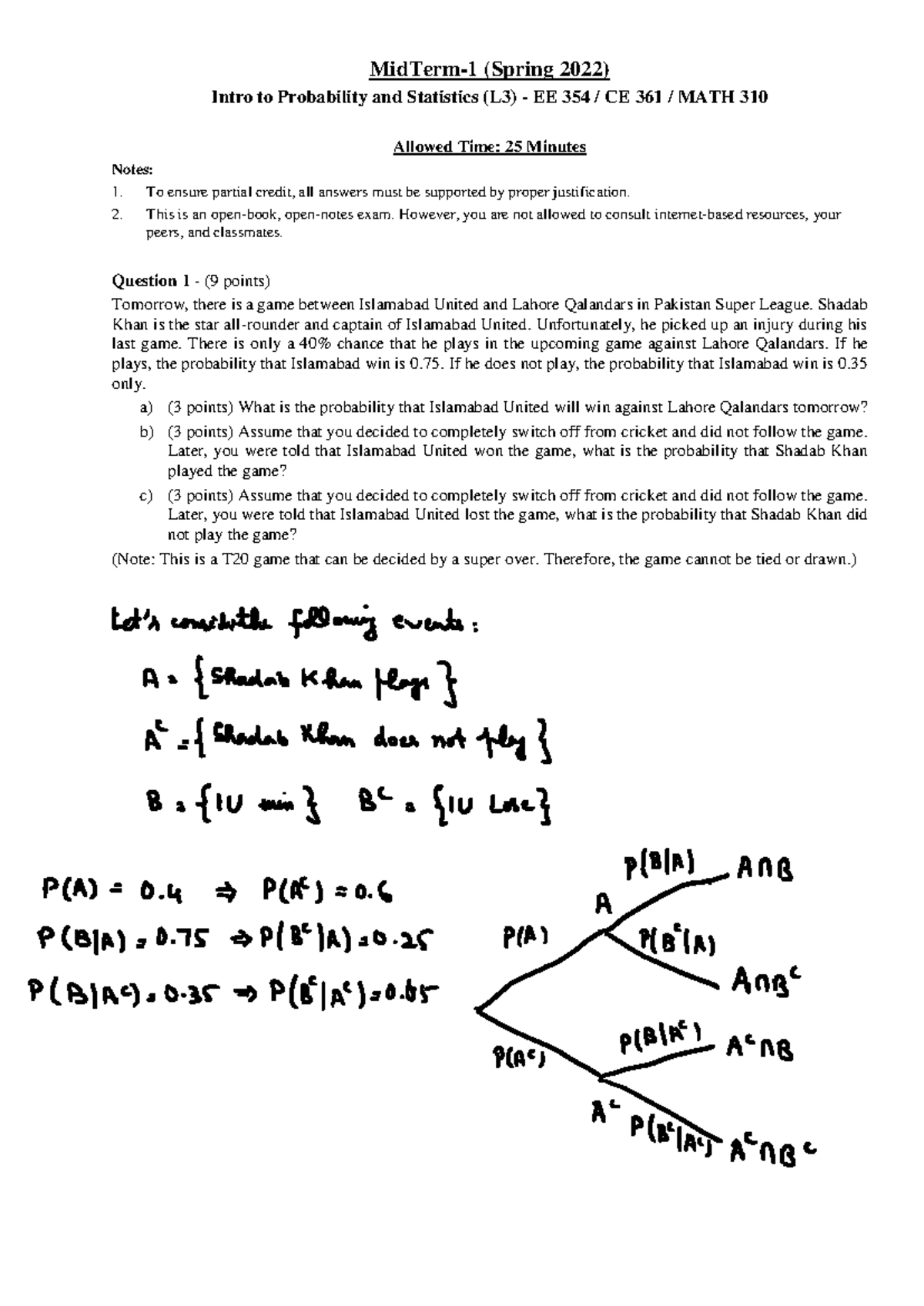 Mid Term Exam Solutions for MATH310 L3: Probability & Stats Spring 2022 ...