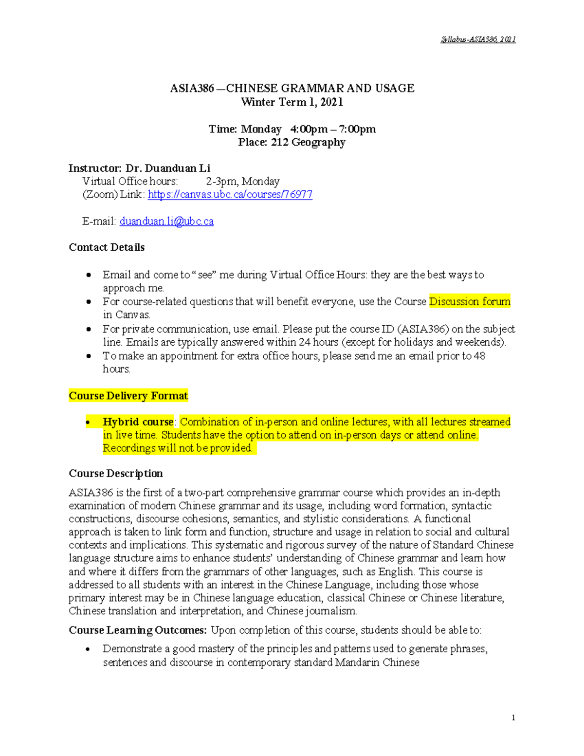 ASIA 386 Syllabus & Course Outline for Chinese Grammar and Usage - Studocu