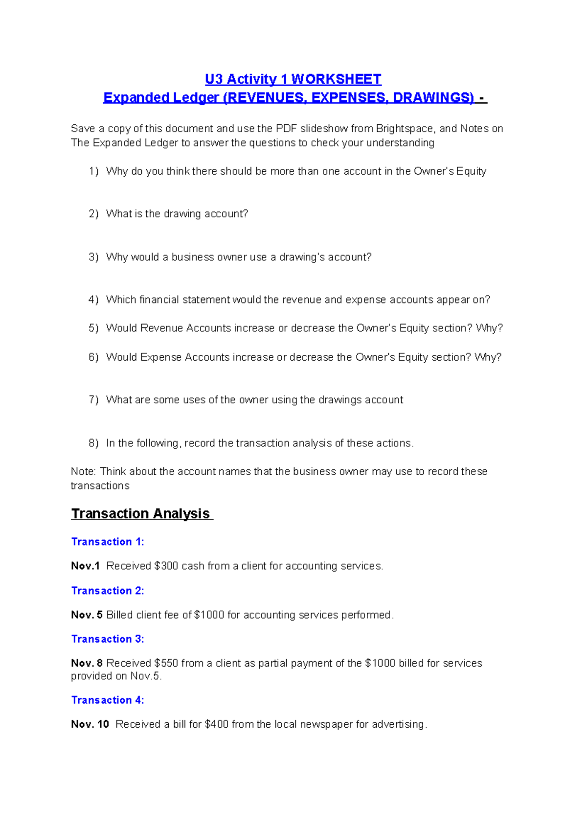 U3 Activity 1 Worksheet: Expanded Ledger Questions & Exercises - Studocu