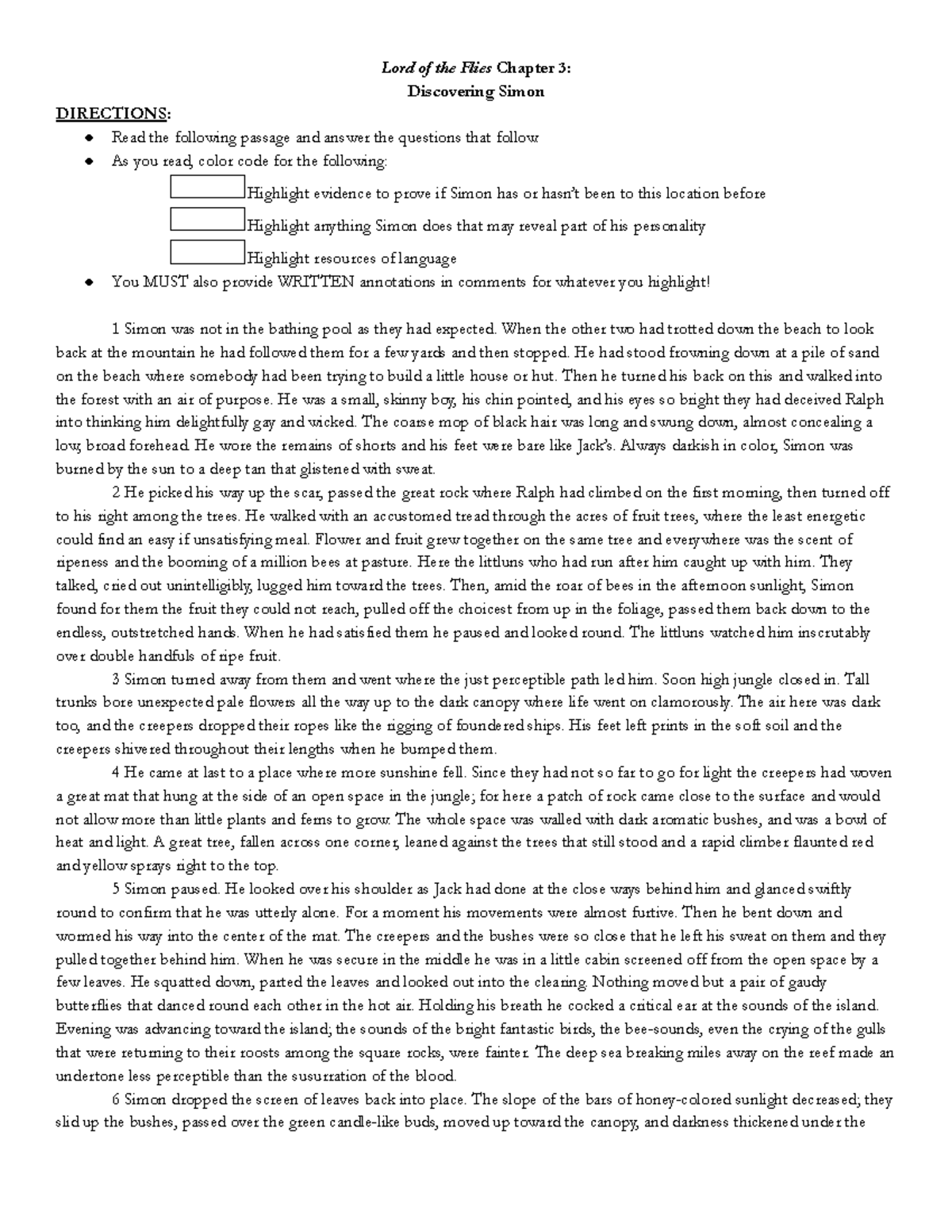 Lord of the Flies C3: Analyzing Simon's Character and Environment - Studocu
